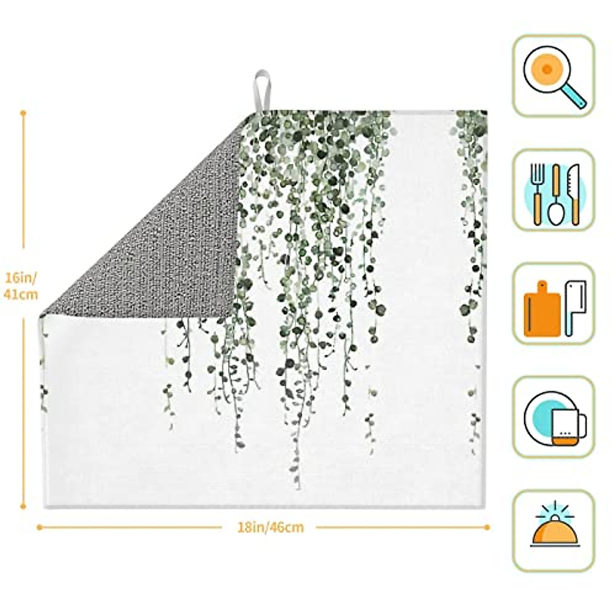 Green Plants Printed Drying Mat For Kitchen Ultra Absorbent Microfiber Dishes Drainer Mats Non-Slip Silicone Quick Dry Pad - 18 X 16inch