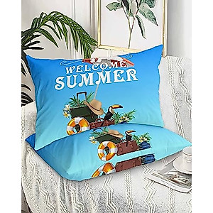 Edwiinsa Welcome Summer Pillow Covers Standard Size Set of 2 20x26 Bed Pillow, Blue Summer Beach Seaside Camping Plush Soft Comfort for Hair/Skin Cooling Pillowcases with Envelop Closure