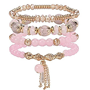 Twinfree 8 Sets Bohemian Stackable Bead Bracelets for Women Multilayered Bracelet Set Pendant Charm Stretch Bangles