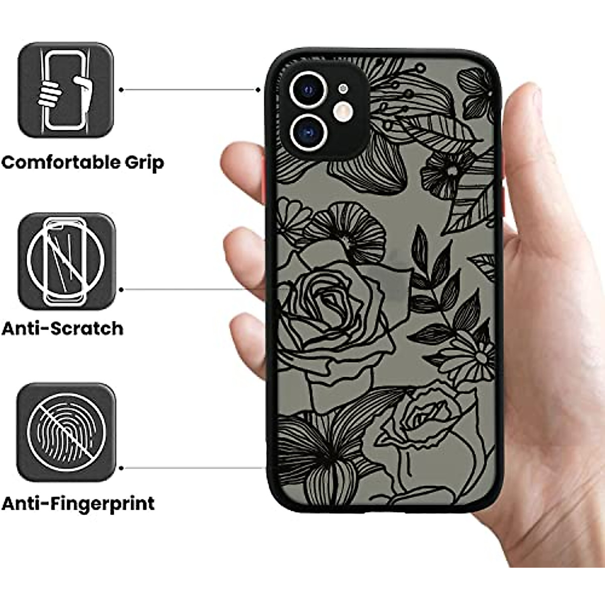 SUBESKING Compatible with iPhone 12 Flower Case for Women Girls, Cute Black Blooming Floral 3D Pattern Design Translucent Matte PC Back Soft TPU Bumper Protective Clear Cover 6.1 Inch