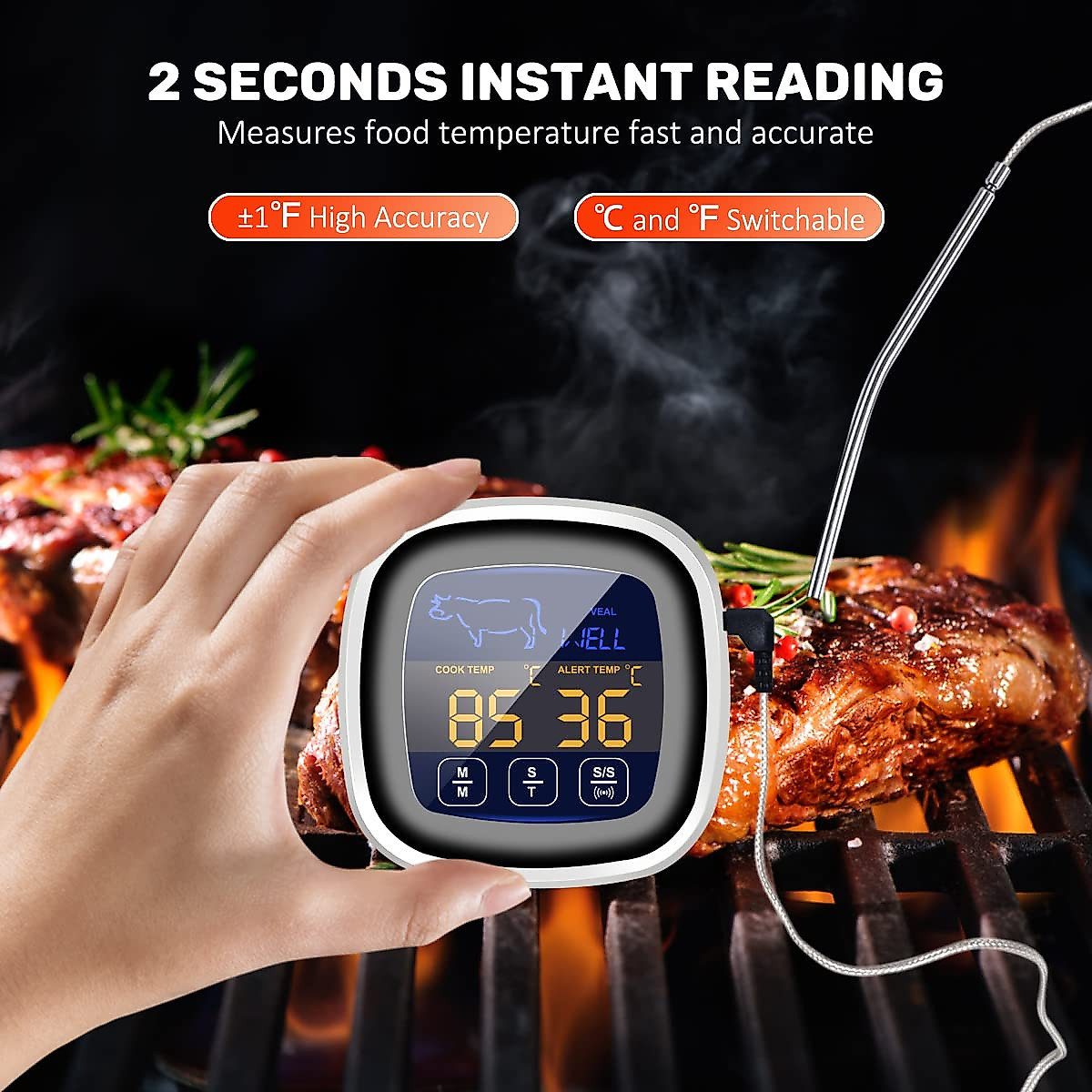 Vedozo Digital Meat Thermometer for Cooking, Instant Read LCD Touchscreen Food Thermometer with Long Probe, Cooking Thermometer and Clock Timer for Kitchen, BBQ, Oven by Giveme5