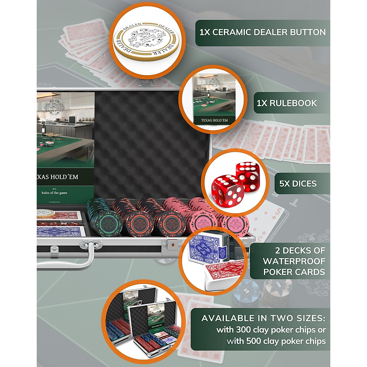 Bullets Poker Set – Complete Chip Set with Case, Playing Cards, Dices, and Travel Case – Professional for Texas Hold'em, Blackjack, Poker Games, and Casino Chips, 500 Clay 'Corrado' Chips.