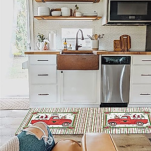 Christmas 2 Pieces Kitchen Rugs and Mats Set, Merry Christmas Red Truck with Gnome Green Stripes Kitchen Mats Cushioned Floormat Non Slip Runner Rug Set for Kitchen Laundry Entryway, 18"x30"+18"x60"