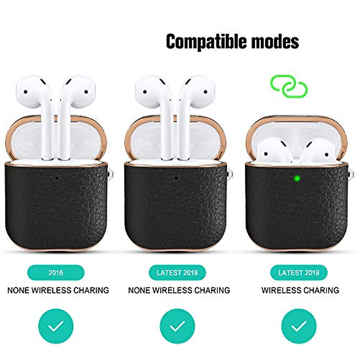 iHillon Compatible with Airpods 2 Case Cover, Genuine Leather TPU Full Protective Case with Keychain Compatible with Airpods 2 & 1 Support Wireless/Wired Charging (Front LED Visible) Black