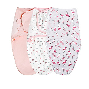 Generic 3 Packs Baby Swaddle Blanket Wrap Set Smiley Love Heart Flamingo Newborn 3-6 Months Infant Breathable Cotton Sleep Sack with Adjustable Wings Swaddle Blanket,Pink,Large