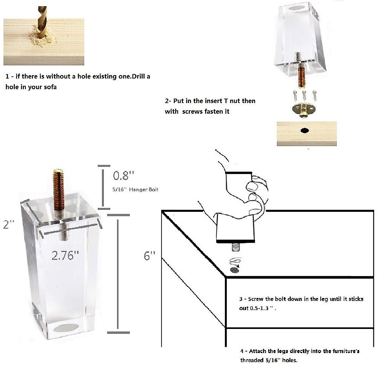 Acrylic Furniture Legs Sofa for Chair Lovseat Ottoman Couch Bed Replacement Bun Feet with Mounting Plates Set of 4 (6 inch Furniture Legs)