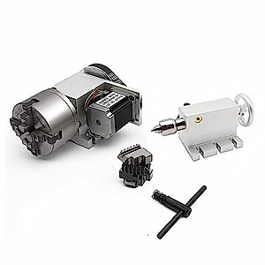 CNCTOPBAOS K12-100mm CNC Router Milling Machine Rotational Axis 4th Axis A axis Rotary Table A axis 100mm 4 jaw chuck dividing head,MT2 65mm Tailstock Reducing ratio 6:1 for CNC Engraving Machine
