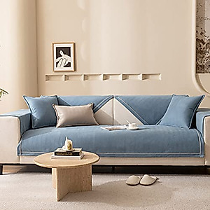 Sofa Cover 3/2/4 Seater Sofa Slipcover L Corner Shape Soft Chenille Herringbone Couch Cover Universal Non-Slip Thick Reversible Quilted Corner Slipcovers Washable for Living Room Dogs,Blue,90*180cm