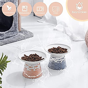 6.25 Inch Extra Wide Elevated Ceramic Cat Bowls, Food and Water Bowl Set for Elder Big Cats Small Dogs, Raised Design for Pet Easy Eating, Protect Cat's Spine, Blue & Orange, Set of 2