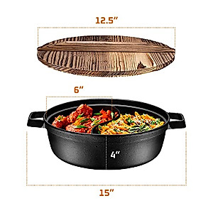 Bruntmor Pre-Seasoned 2-In-1 Cast Iron Big Pot With Lightweight Wooden Lid. Non-Stick Round Skillet Wok. Round Bottom Wok Pan With Lid For Shabu Shabu Hot Pot. 5 Quart, Black