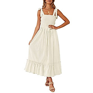 ZESICA Women's 2023 Summer Boho Spaghetti Strap Square Neck Solid Color Ruffle A Line Beach Long Maxi Dress,Apricot,Small