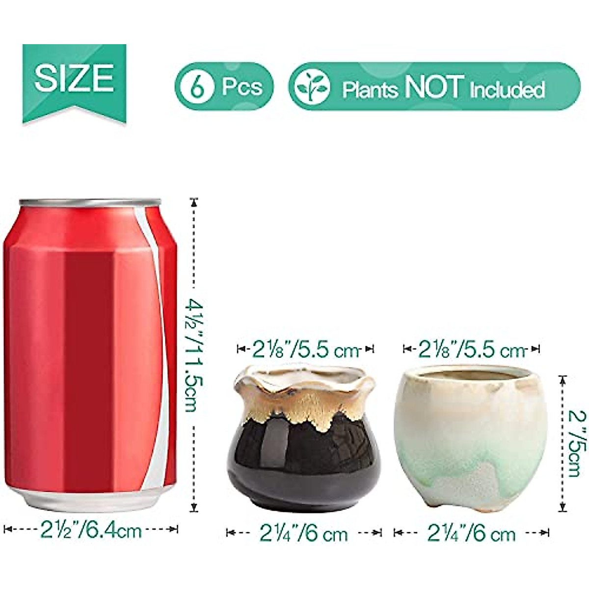 T4U Small Ceramic Succulent Pots with Drainage Set of 6, Mini Pots for Plants, Tiny Porcelain Planter, Air Plant Flower Pots Cactus Faux Plants Containers, Home and Office Decor