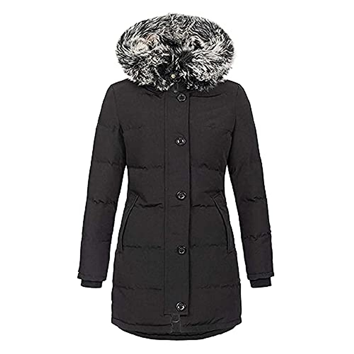 Womens Winter Puffer Coats Warm Faux Fur Hood Zip Up Padded Down Jackets Plus Size Waterproof Parka Outwear with Pocket Black