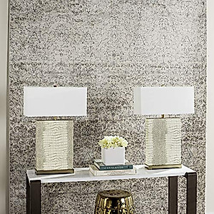 SAFAVIEH Lighting Collection Joyce Modern Art Deco Cream Faux Snakeskin Rectangle Shade 28-inch Bedroom Living Room Home Office Desk Nightstand Table Lamp Set of 2 (LED Bulbs Included)