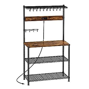 SUPERJARE Bakers Rack with Power Outlets - Height Adjustable Microwave Stand, 4-tier Kitchen Storage Rack with 10 S-shaped Hooks, 360° Hanging Strip, Coffee Bar Station - Rustic Brown