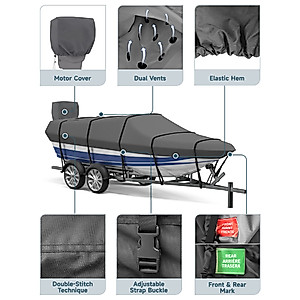Umbrauto Boat Cover with Motor Cover 600D Solution-Dyed Polyester Waterproof Trailerable Bass Boat Cover, 14-16ft Heavy Duty Boat Covers Fits V-Hull Tri-Hull Fishing Runabout Bass Boats