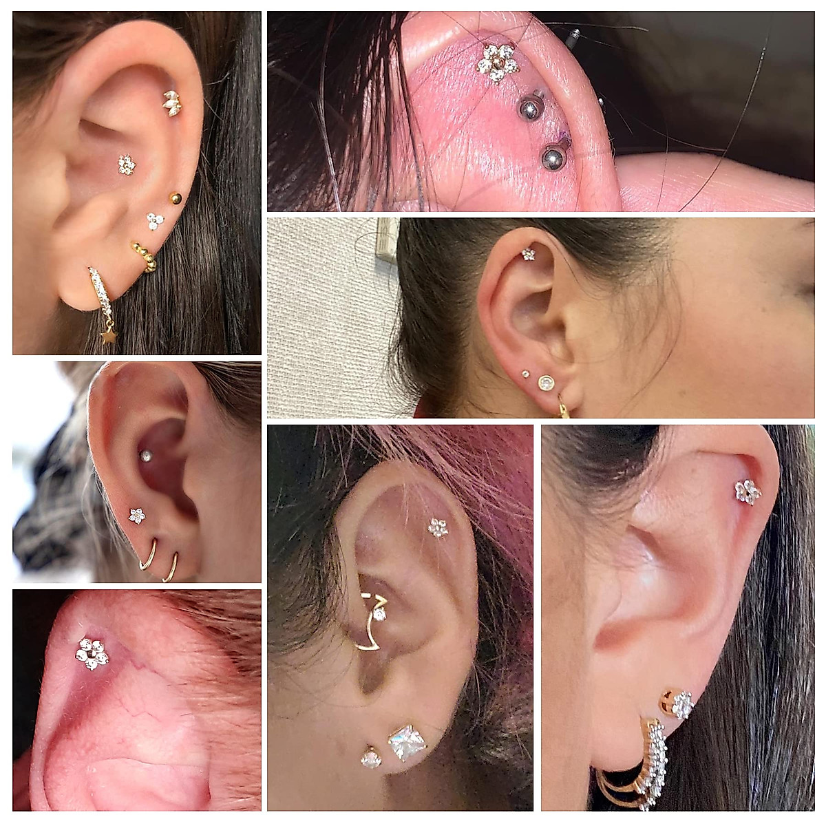 Jewseen 14KT Real Yellow Gold Solitaire Cubic Zirconia Cartilage Earrings 16g Flower Design Helix Stud Rings Solid Gold Tragus Conch Ear Piercing