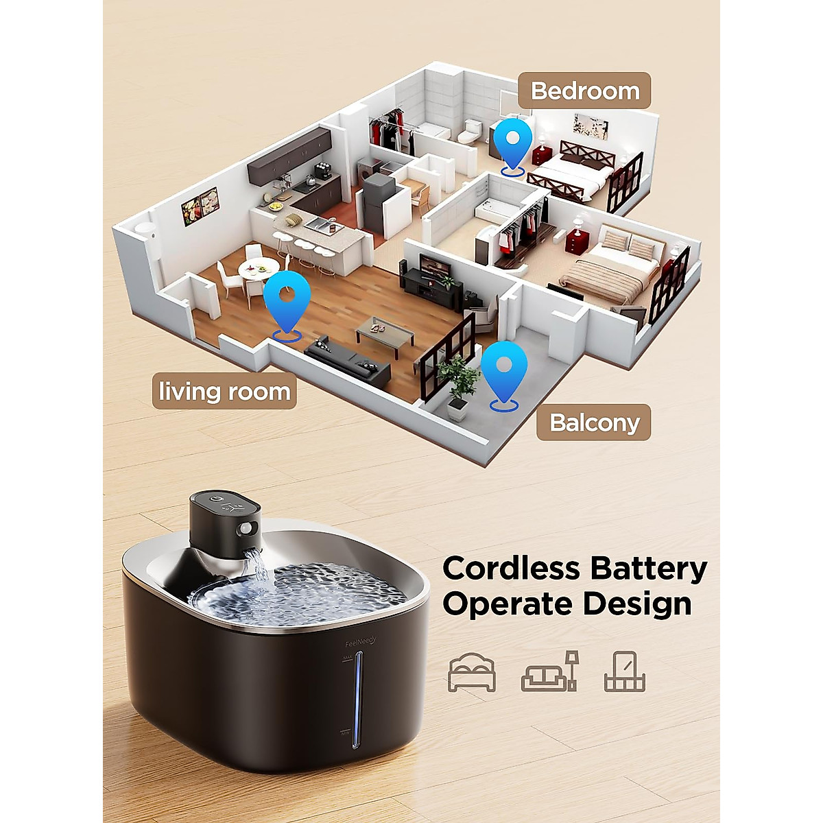 FEELNEEDY Cat Water Fountain Battery Operated, 4L/135 fl oz Pet Water Fountain for Cats and Dog with Motion Sensor, Wireless Ultra Quiet Cat Drinking Fountain with 2 Filters (Black YPD-C004P)