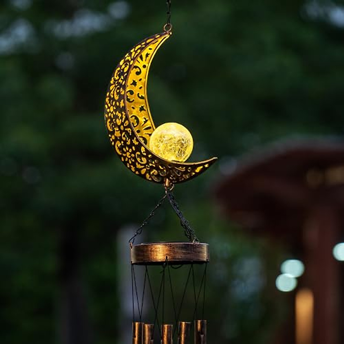 LeiDrail Solar Wind Chimes, Moon Wind Chime Crackle Glass Ball Warm LED Light, Outside Hanging Outdoor Decor with Metal Tubes Unique Memorial Sympathy Gift for Wife Mom Grandma