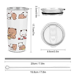 KAOQUANYA Cute Bear Panda And Dudu-2 20 Oz Covered Straw Tumbler Stainless Steel Double Wall Vacuum Insulated Travel Cup With Leak Proof Lid Stainless Steel Water Bottle Reusable Ice Hot Drinks Mug