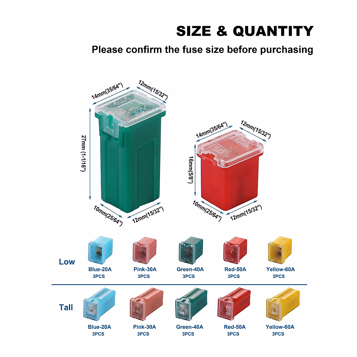 CrocSee 30 Pieces Car Fuses Assortment Kit, Tall/Standard and Low Profile Box Shaped Automotive Fuses for Pickup Trucks, Cars, RVs, and SUVs
