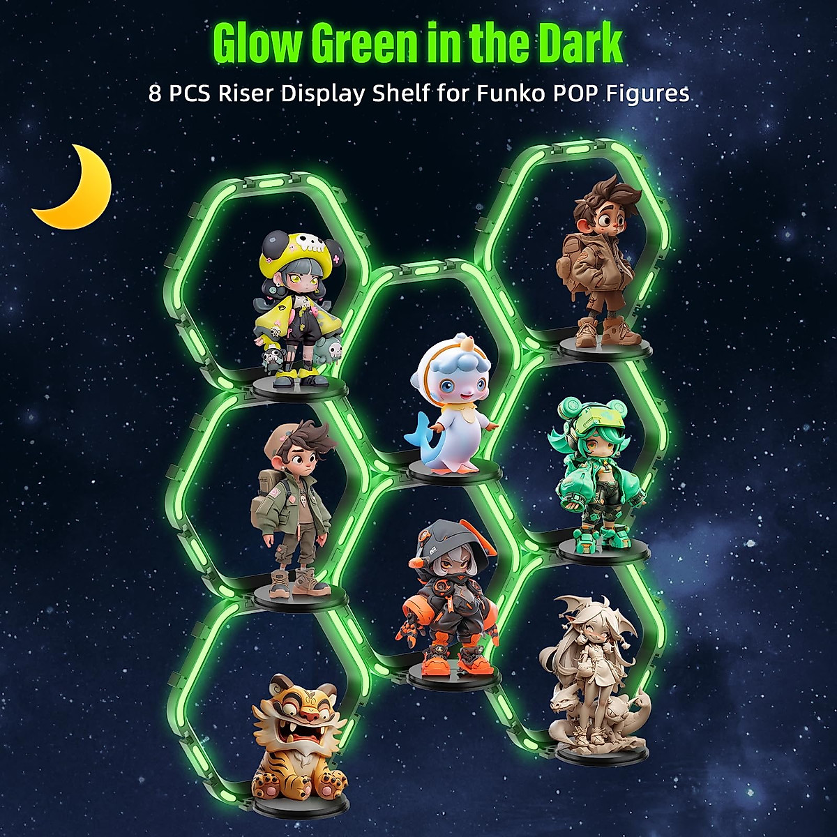 Ninoge 8PCS Riser Display Shelves for Figures, Glow in the Dark shelf for Funko POP Figures, Collectible Figure Display Stands, DIY shape configurations, Black