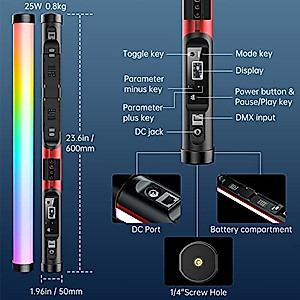 GVM BD25R LED Video Light, 25W Handheld Wand Light, 24" Full Color LED Tube Light, 2700-10000K Stick Light with APP/DMX Control for Photography, Studio, 12 Scene Effects, MESH Networking