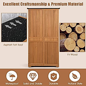 Goplus Outdoor Storage Cabinet, 63” Wood Garden Tool Shed with Double Lockable Doors 3 Shelves and Asphalt Roof, Multipurpose for Patio Lawn Garden Yard, Natural