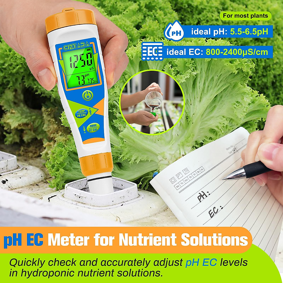 CIZTADA pH Meter for Water Digital EC and PPM Meter for Hydroponics Nutrient 4 in 1 pH EC TDS Temperature Tester with Large Display for Indoor Plant Grow DWC Setup Aeroponic Pool Aquarium