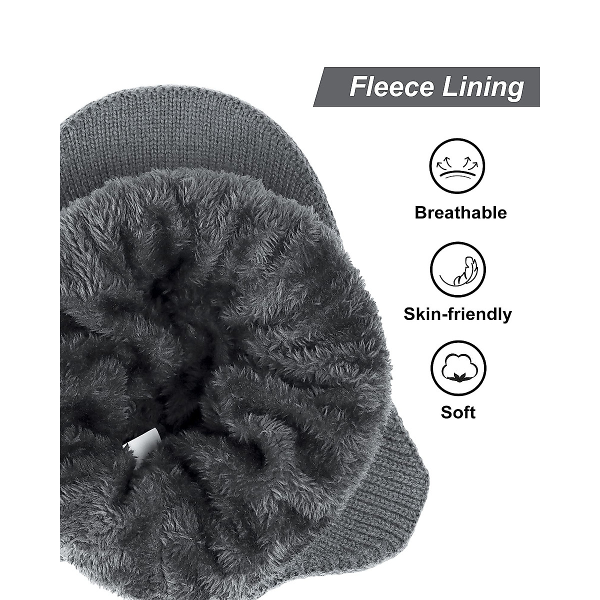 Koreshion Men's Winter Visor Beanie Hat with Earflaps Knit Baseball Cap with Brim Ski Hat Warm Fleece Lined Hunting Hat Grey