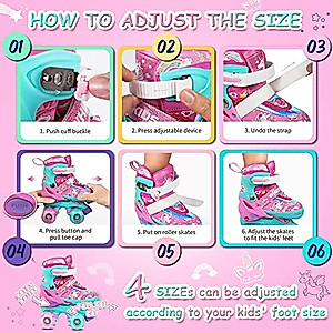 Wheelkids Roller Skates for Girls Ages 10-12, Pink Unicorn Adjustable Rollerskates Youth Beginners 4 Sizes with Light Up Wheels