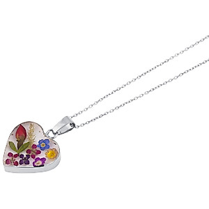 Amazon Essentials Sterling Silver Multi-Colored Pressed Flower Heart Pendant Necklace, 16" (previously Amazon Collection)