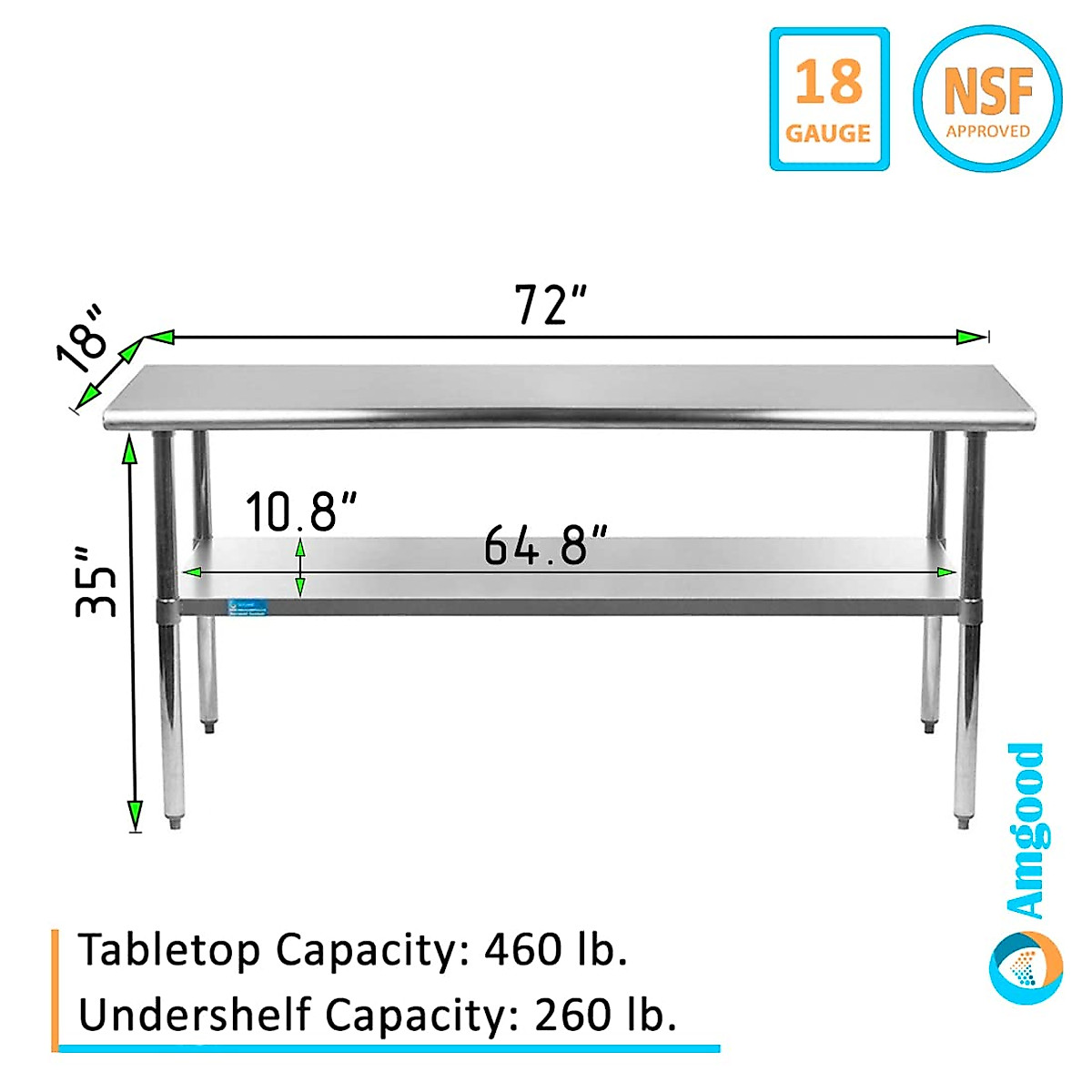 AmGood Stainless Steel Work Table with Undershelf | Food Prep NSF | Utility Work Station | (72" Length X 18" Width)