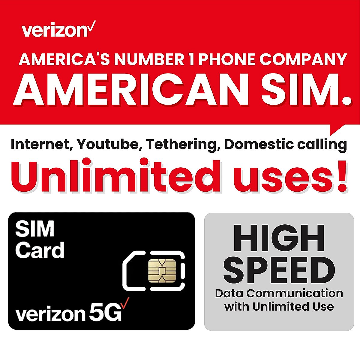 USA Prepaid SIM Card (Verizon Network) | Unlimited 5G/4G Internet Data in USA (Including Hawaii) | Unlimited Calls and Texts Within US (30Days) (Does not Work with HOTSPOTS)