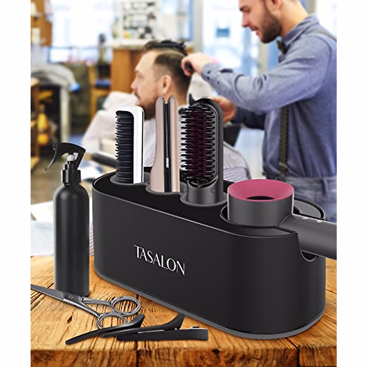 TASALON Hair Dryer Holder, Hair Tool Organizer, 3 in 1 Wall Mounted/Cabinet Door/Countertop Blow Dryer Holder, Flat Iron, Hair Straightener Holder, Curling Iron Holder, Hot Hair Tool Holder- Black