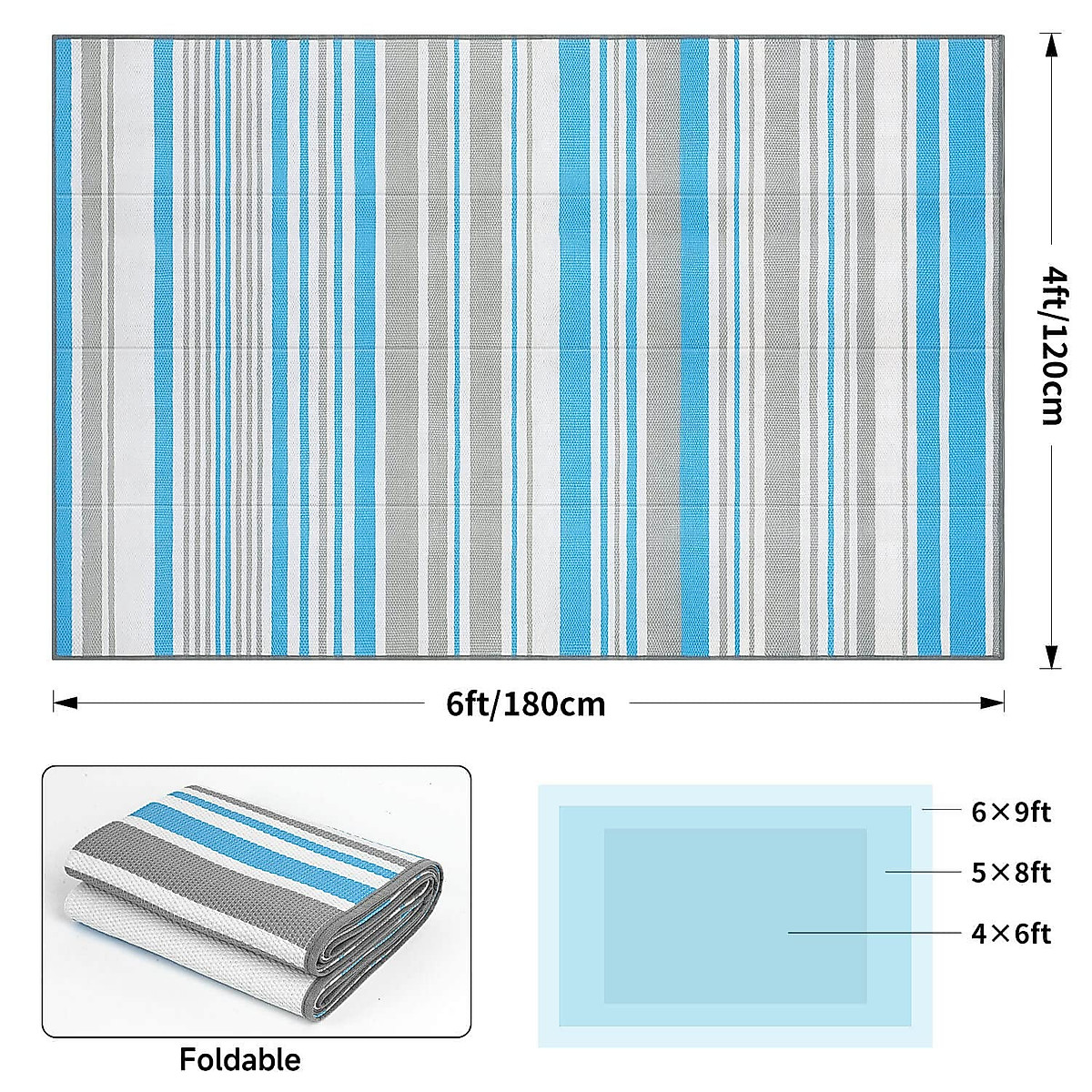 Outdoor Patio Rug Waterproof Camping - Outdoor Area Rugs Carpet Waterproof, Outdoor Plastic Straw Rug for Patios Clearance, Outdoor Rugs for Camping, Porch, Deck, Balcony, Backyard, Blue (4x6FT)