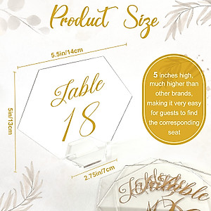 OurWarm Large Acrylic Wedding Table Numbers 1-20, Elegant Gold Printed Calligraphy Place Cards with Stand, Hexagon Multi-functional Clear Acrylic Sign and Holder, Ideal for Wedding Reception Events