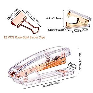 Rose Gold Office Supplies Set - Stapler, Tape Dispenser, Staple Remover with 1000 Staples and 12 Binder Clips , Luxury Acrylic Rose Gold Desk Accessories & Decorations