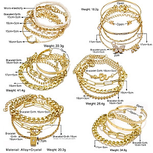 17IF 25 Pcs (6 Pack) Gold Chain Bracelets Set for Women Boho Punk Stackable Y2K Multipack Layered Bangles Pack Adjustable Cuff Italian Cuban Anklet Charm Chunky Bracelet Bundle Jewelry