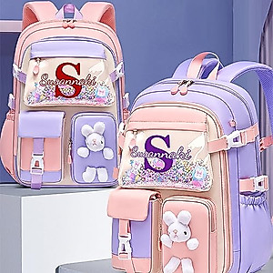 Wellhoope Kawaii Big Capacity Backpack Personalized Name Cute Aesthetic Backpack Bunny Outdoor Daypack Casual Travel Bag Laptop Backpack Pink Blue Black Purple Green