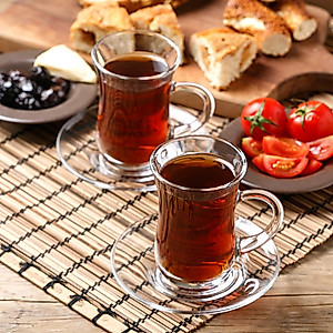 Volarium Small Turkish Tea Set 12 Piece Modern Turkish Tea Glasses & Saucers Set, 6 PCs 4.9 oz (145 cc) Clear Glass Tea Cups with Handle and 6PCs Glass Saucers
