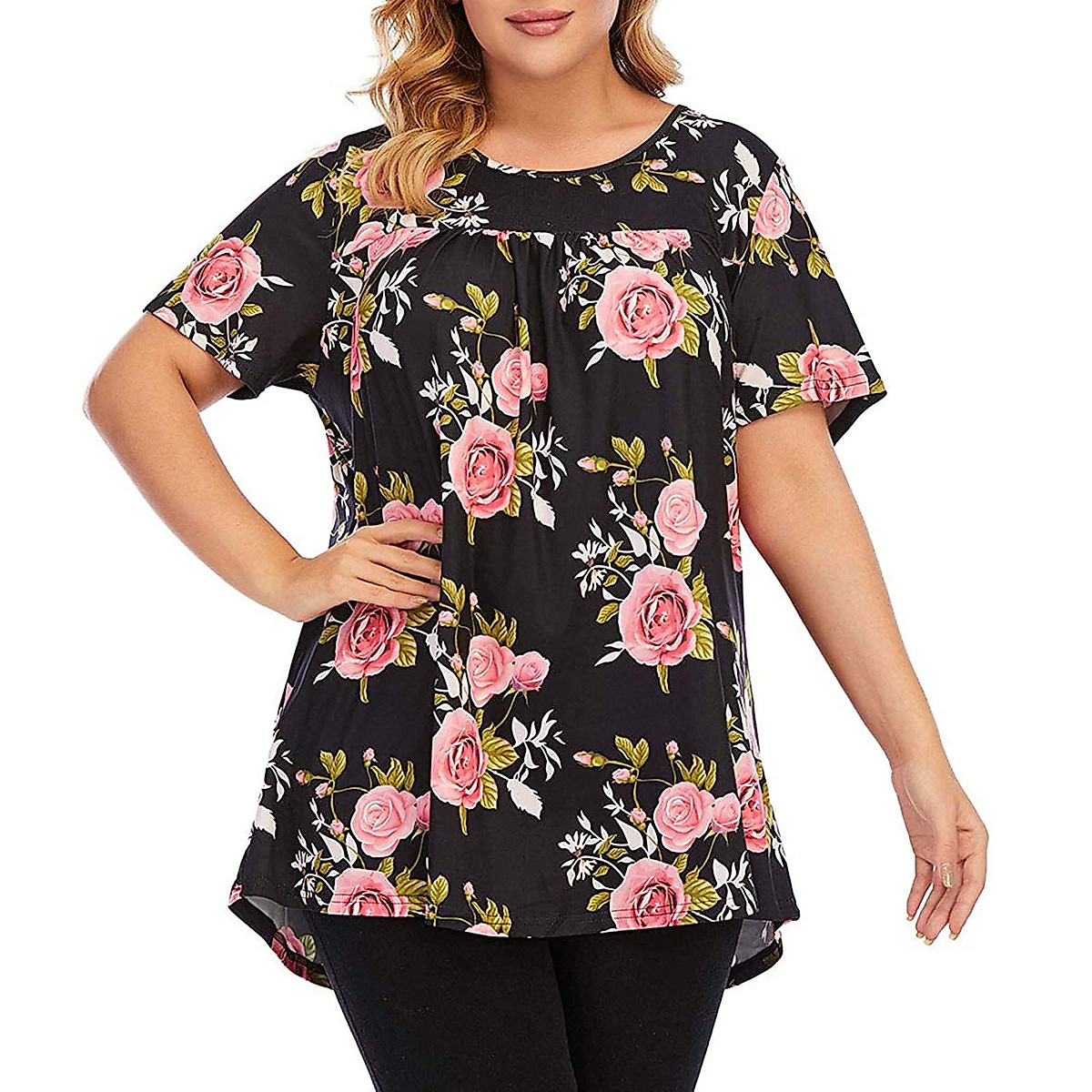 Bravetoshop Plus-Size Tops for Women Short Sleeve Round Neck Casual Tunic Tops Summer Loose Blouse (Black,XL)