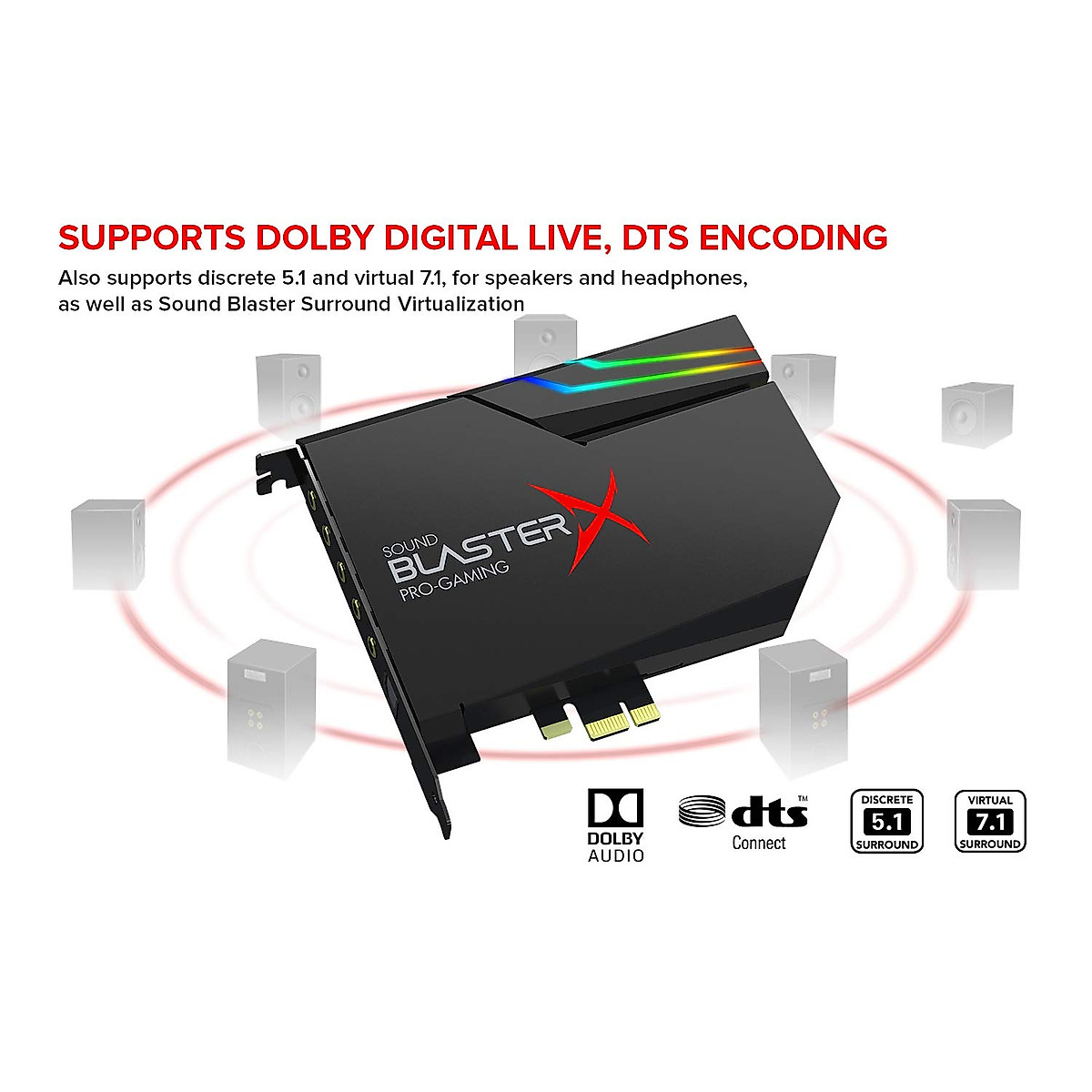 Creative Sound BlasterX AE-5 Plus SABRE32-class Hi-res 32-bit/384 kHz PCIe Gaming Sound Card and DAC with Dolby Digital and DTS, Xamp Discrete Headphone Bi-amp, Up to 122dB SNR, RGB Lighting System