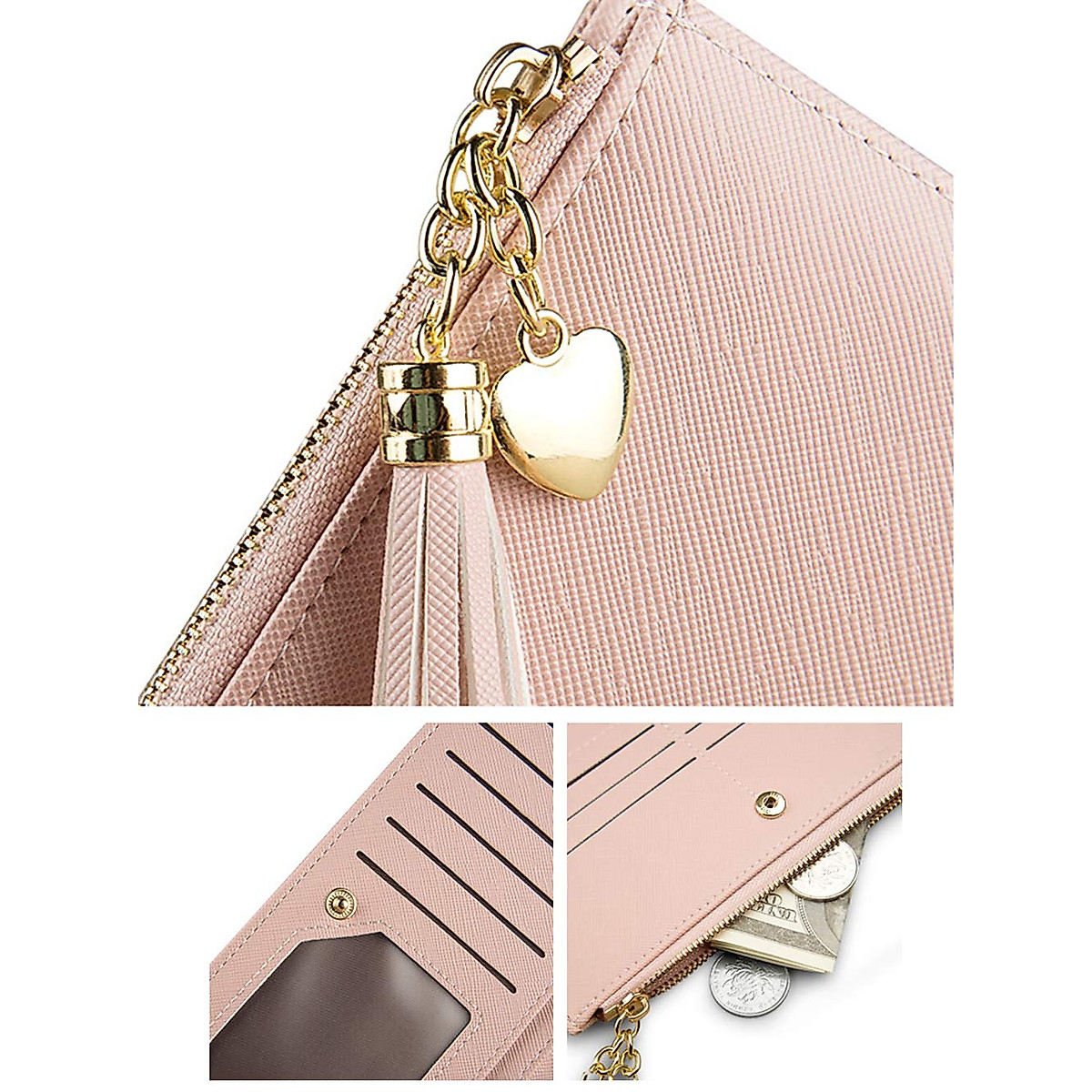 Wallets for Women Leather Cell Phone Case Holster Bag Long Slim Credit Card Holder Cute Minimalist Coin Purse Thin Large Capacity Zip Clutch Handbag Wallet for Girls and Boys Ladies (Pink)