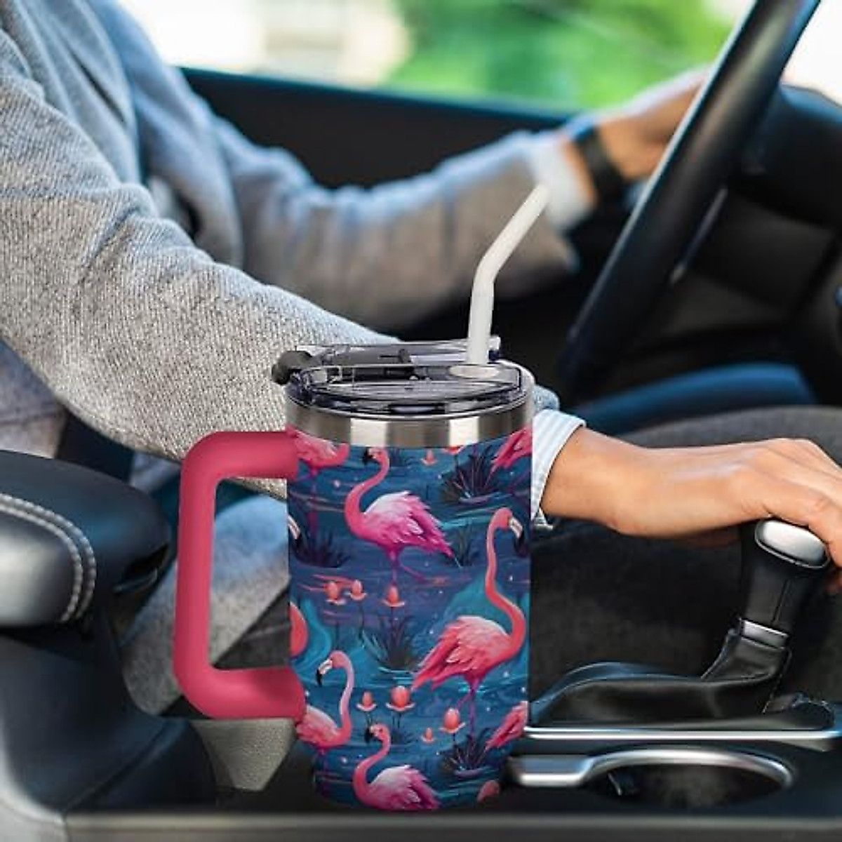 Flamingos 40 Oz Stainless Steel Cup Travel Tumbler with Handle and Straw Lightweight Coffee Mug for Home Office