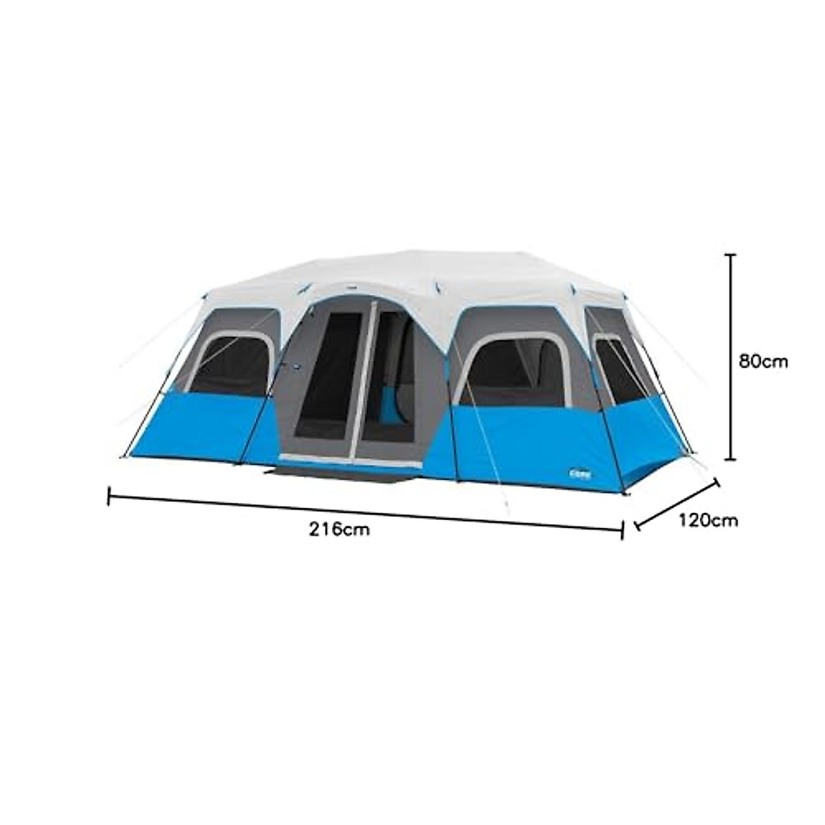 CORE 12 Person Instant Cabin Tent with LED Lights | Large 3 Room Family Lighted Pop Up Tent for 2 Minute Camp Setup | Included Storage Pockets for Camping Accessories