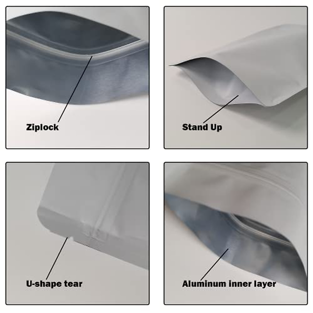 100 Pack Mylar Bags for Food Storage - 5.3 mil,5.1x8.2 inches - Matte White Stand Up Resealable Packaging Pouch