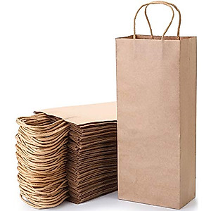 WUWEOT 50 Pack Kraft Paper Bags, 5.4"x3.3"x13" Recyclable Brown Wine Bags Paper Gift Bags Retail Bags Shipping Bags With Handles Bulk