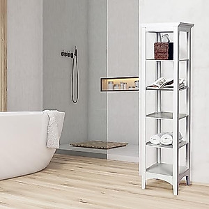 Teamson Home Madison Linen Tower Freestanding Cabinet Tall Narrow Bathroom Kitchen Living Room Storage with 5 Tier Shelves, White