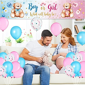 39 Pieces Gender Reveal Banner and Balloon Set Gender Reveal Party Decorations Boy or Girl Yard Sign Banner with Blue and Pink Balloons Gender Reveal Party Decoration Party for Baby Shower